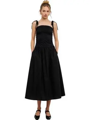 MODENAIRE Ruched Bodice Tie Strap Midi Dress - Black