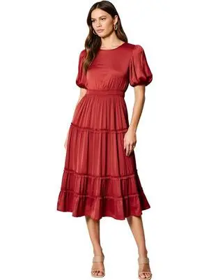 MODENAIRE Tiered Puff-sleeve Midi Dress - Rust Red