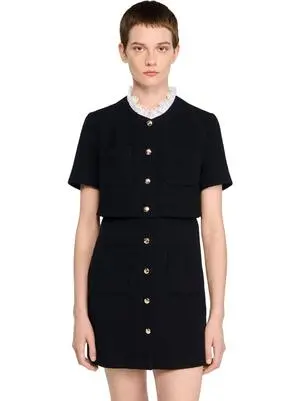 Sandro Short Tweed Dress With Detachable Collar - Black