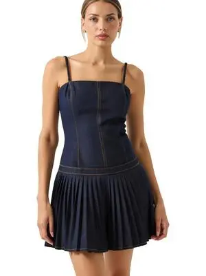 MODENAIRE Spaghetti Strap Pleated Denim Mini Dress