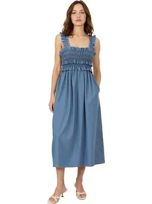 MODENAIRE Smocked Ruffle Strap Midi Dress - Light Blue