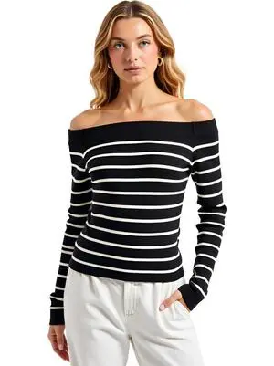 MODENAIRE Striped Off-the-shoulder Fitted Top - Black /white Stripes
