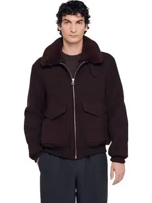 Sandro Wool Aviator Jacket With Shearling Collar - Chocolate