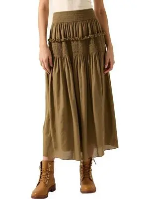 MODENAIRE Smocked Tiered Ruffle-trim Maxi Skirt - Olive Green