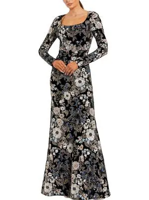 Mac Duggal Embroidered Velvet Long Sleeve Gown - Black Multi