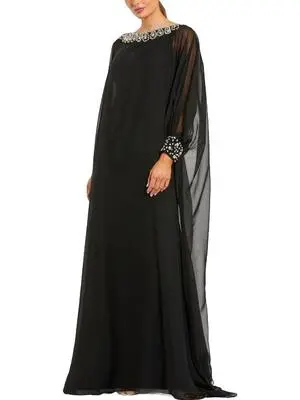 Mac Duggal Chiffon Long Sleeve Kaftan Gown With Beaded Neckline - Black