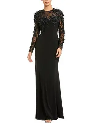 Mac Duggal Jersey Long Sleeve Gown With Floral Beading - Black