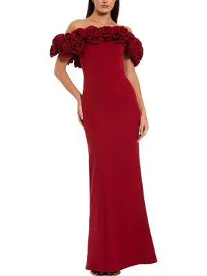 Mac Duggal Crepe Off-the-shoulder Column Gown With 3d Roses - Ruby