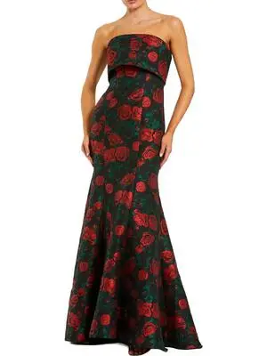 Mac Duggal Floral Brocade Mermaid Gown - Black Multi