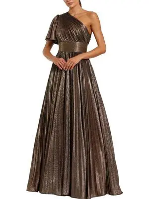 Mac Duggal One-shoulder Pleated Metallic Ballgown - Bronze