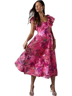 Coast Frill Sleeve Printed Midi Dress - Pink