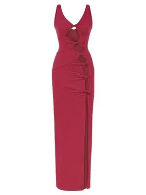 JENDUE Elegant Cut-out Maxi Gown - Cherry