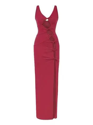 JENDUE Elegant Cut-Out Maxi Gown Cherry