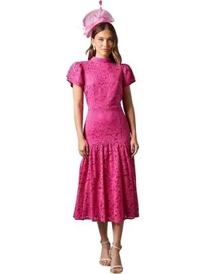 Coast Lace Frill Sleeve High Neck Midi Dress - Pink