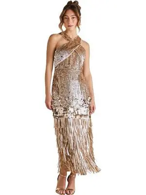 Coast Sequin Tassel Halter Neck Midi Dress - Gold