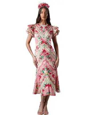 Coast Lisa Printed Ruffle Hem Midi Dress - Pink