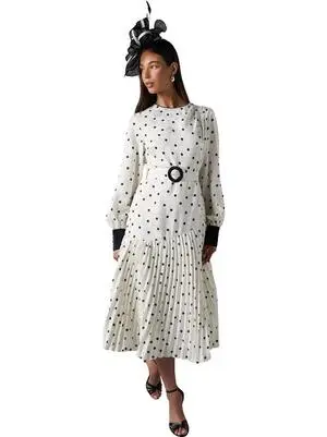 Coast Long Sleeve Pleated Midi Dress With Decorative Buckle - Mono