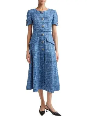 Carolina Herrera Crystal Button Tweed A-line Midi Dress - Blue Multi