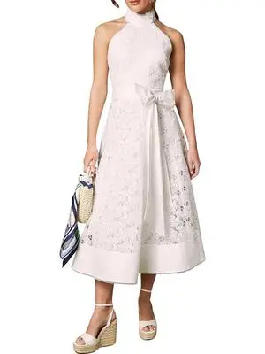 Coast Halterneck Belted Lace Midi Dress - Ivory