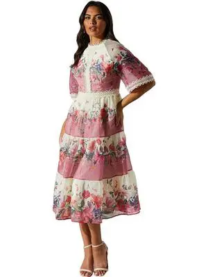 Coast Organza Floral Tiered Midi Dress With Lace Trim - Multi