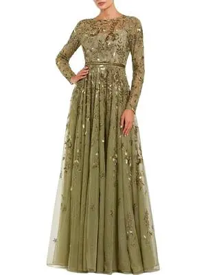 Mac Duggal Floral Embellished Tulle Gown - Green