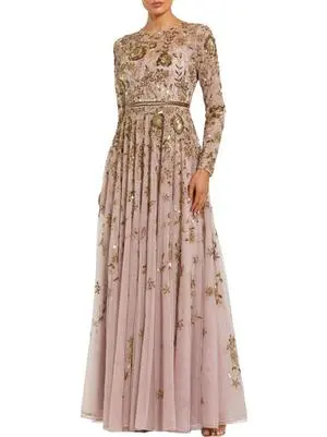 Mac Duggal Long Sleeve Hand Embellished Floral A-line Gown - Mocha Multi