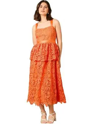 OASIS Cross Strap Tiered Lace Midi Dress - Orange