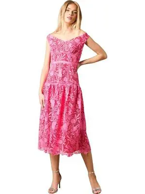 OASIS Floral Lace Off The Shoulder Midi Dress - Pink
