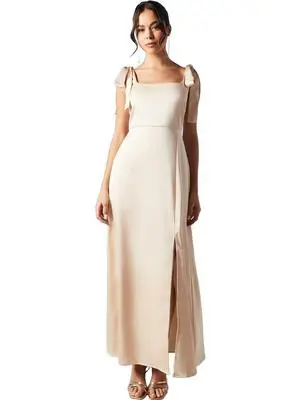 OASIS Satin Midi Dress With Tie Shoulders - Champagne
