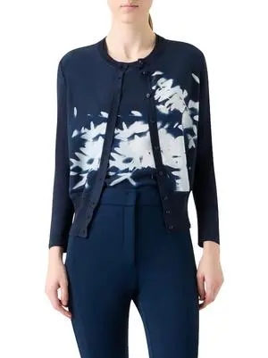 Akris Wildflower Print Silk Cardigan - Navy-ecru