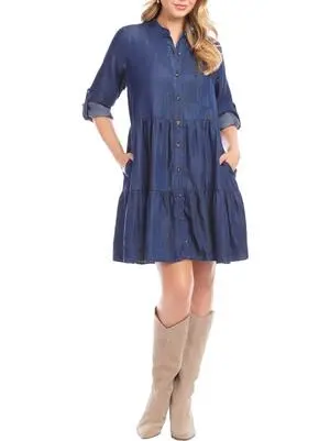 Karen Kane Tiered Denim Shirtdress - Chambray Blue