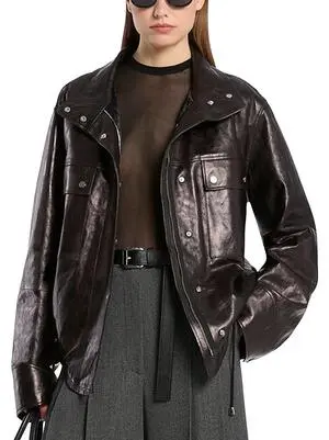 Michael Kors Leather Bomber Jacket - Black