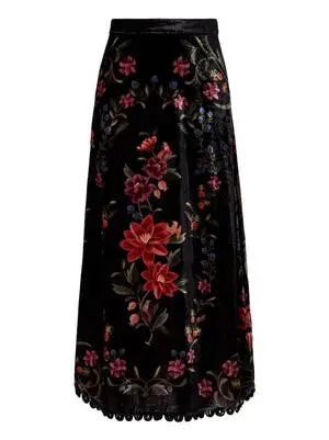 Farm Rio Floral Velvet Maxi Skirt - Black