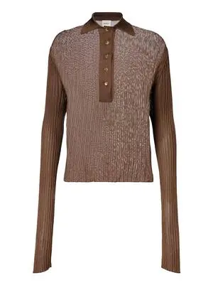 Khaite Vin Ribbed-knit Sheer Polo Shirt - Brown