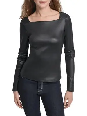 Dkny Faux Leather Knit Top - Black