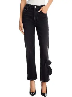 AREA Bow Embellished Straight Leg Jeans - Washed Black