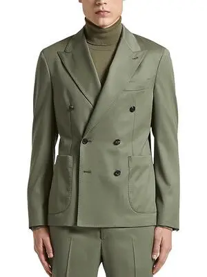 Peserico Solid Regular Fit Double Breasted Suit Jacket - Autumn Green