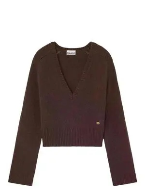 GANNI Wool Yak Mix V-neck Knit - Brown