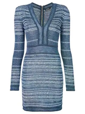 Balmain Fitted Long Sleeve V-neck Dress - Blue