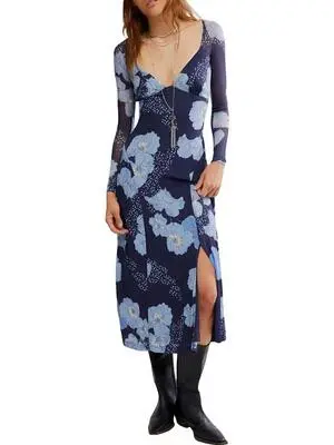 Free People Calla Floral Knit Midi Dress - Sky Combo