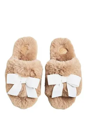 Maeve Faux Fur Bow Slippers - Taupe