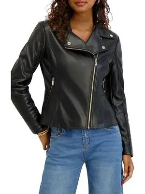 Kensie Faux Leather Moto Jacket With Peplum Back - Black
