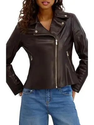 Kensie Faux Leather Moto Jacket With Peplum Back - Chocolate