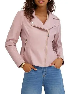 Kensie Faux Leather Moto Jacket With Peplum Back - Rose