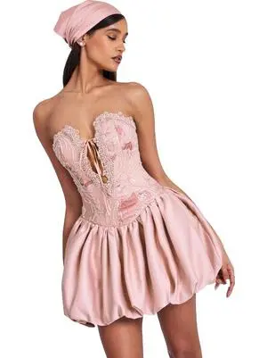 MISS CIRCLE Embroidered Bubble Hem Mini Dress - Pink