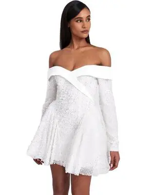 MISS CIRCLE Beaded Embroidered Off Shoulder Mini Dress - White