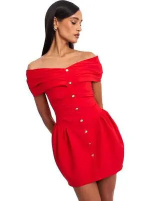 MISS CIRCLE Off-shoulder Mini Dress With Gold Button Detailing - Red