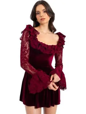 MISS CIRCLE Velvet Lace Flare Sleeve Mini Dress - Burgundy