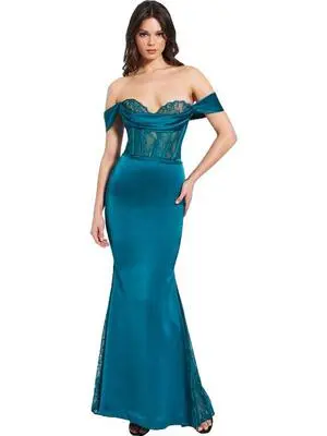 MISS CIRCLE Satin Lace Corset Maxi Dress - Teal
