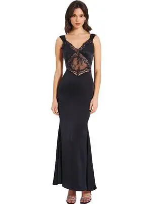 MISS CIRCLE Satin And Lace Maxi Slip Dress - Black